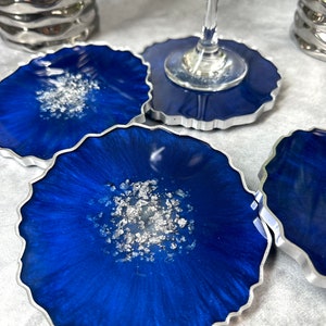 Royal Blue Silver Epoxy Coaster Set Blue Home Decor Resin Coasters Blue ...