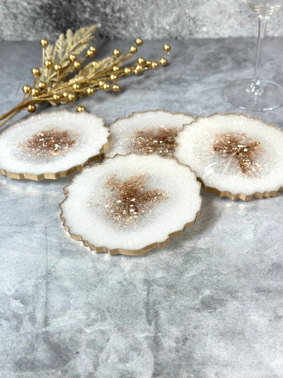 Pearl White and Gold Coaster Set Large Resin Coasters Wedding - Etsy