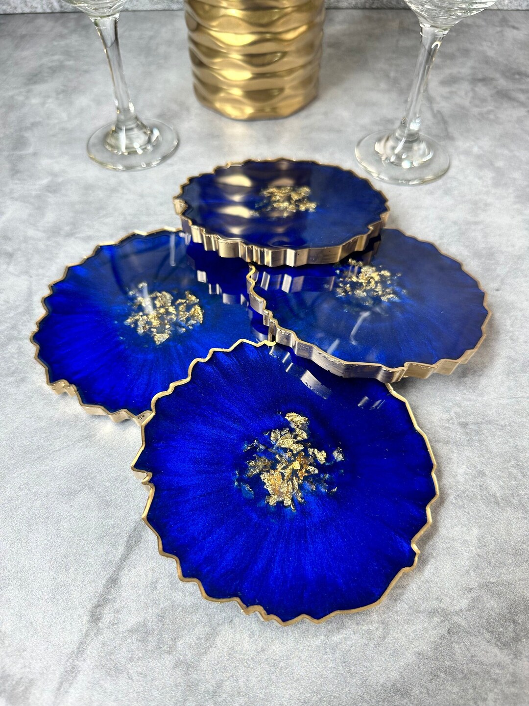 Blue and Gold Coaster Set Large Coasters Blue Table Decor Housewarming ...