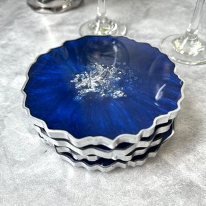 Royal Blue Silver Epoxy Coaster Set Blue Home Decor Resin Coasters Blue ...