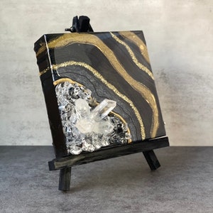 Mini Geode Art in Black and Gold With Genuine Crystals, Black Geode Art ...