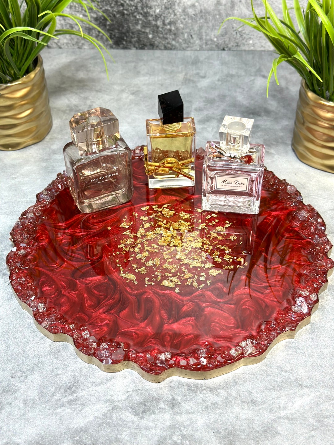 XL Handmade Vanity Tray, Red and Gold Home Decor Tray, Large Decorative ...