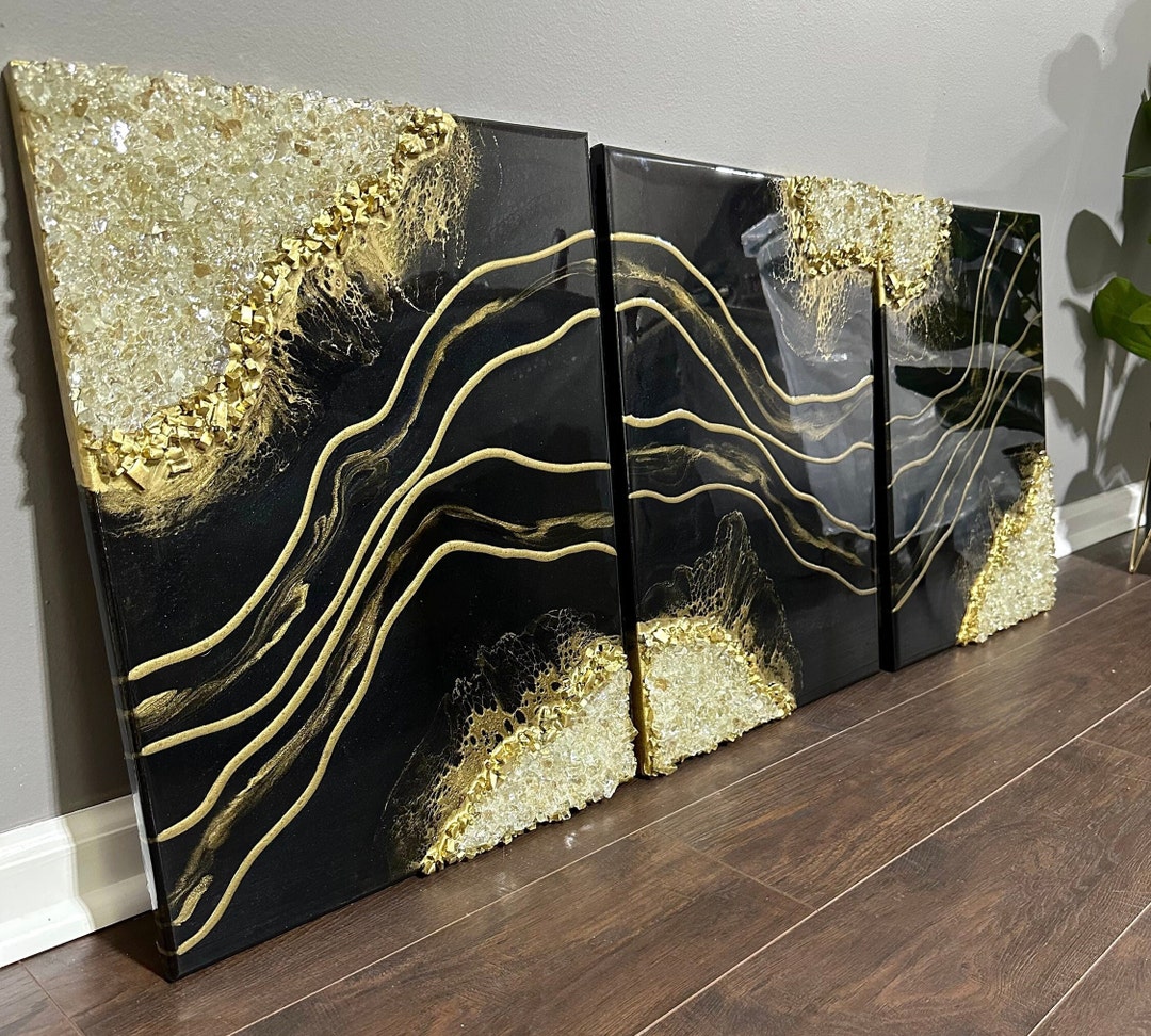 Three Piece Black Gold Epoxy Resin Wall Art Black Canvas Wall Art ...