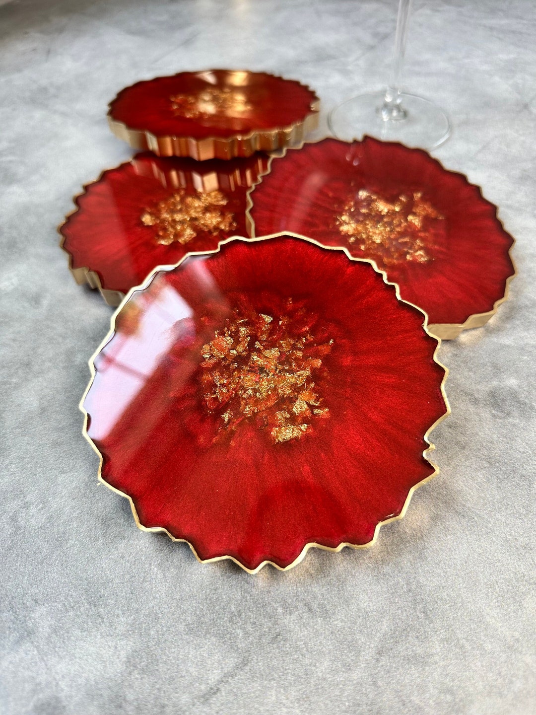 Red and Gold Coaster Set Large Coasters Housewarming Decor Red Coaster ...