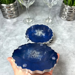 Royal Blue Silver Epoxy Coaster Set Blue Home Decor Resin Coasters Blue ...
