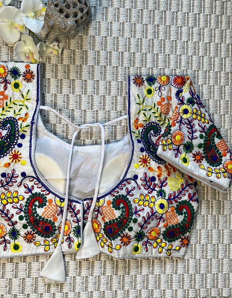 Gujarati Gamthi Embroidery Work Sari Blouse in Black or White for ...