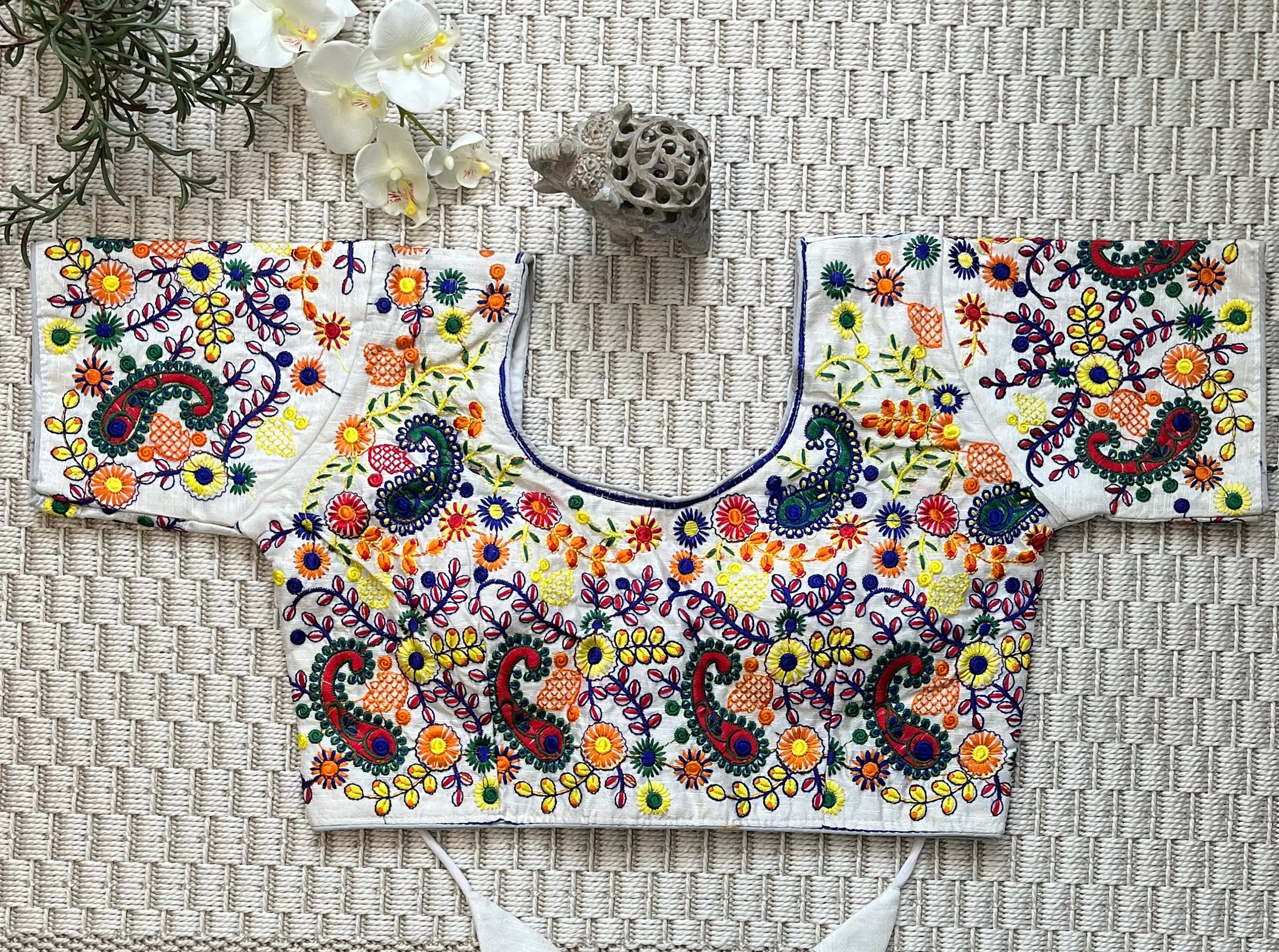 Gujarati Gamthi Embroidery Work Sari Blouse in Black or White for ...