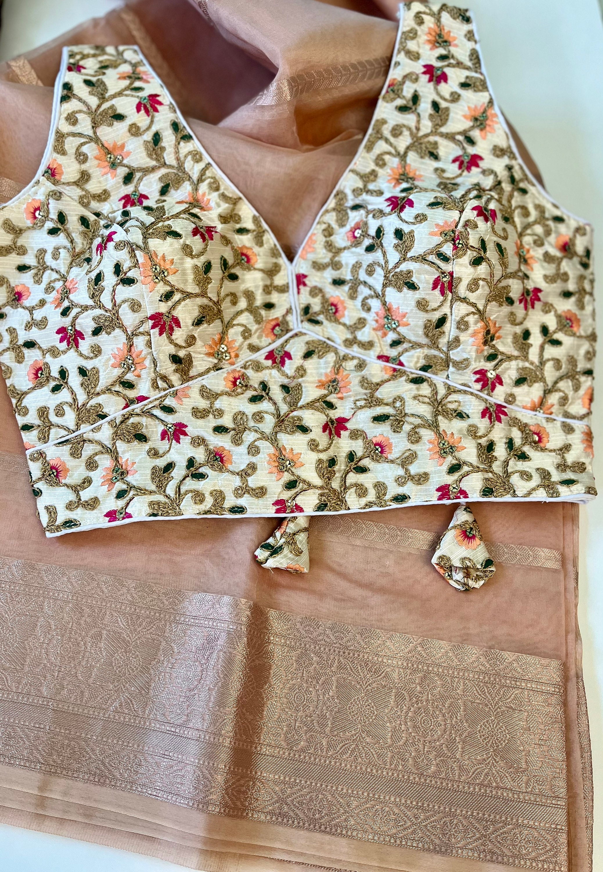 Light Peach Banarasi Semi Organza Silk Saree With Muted Antique Gold ...