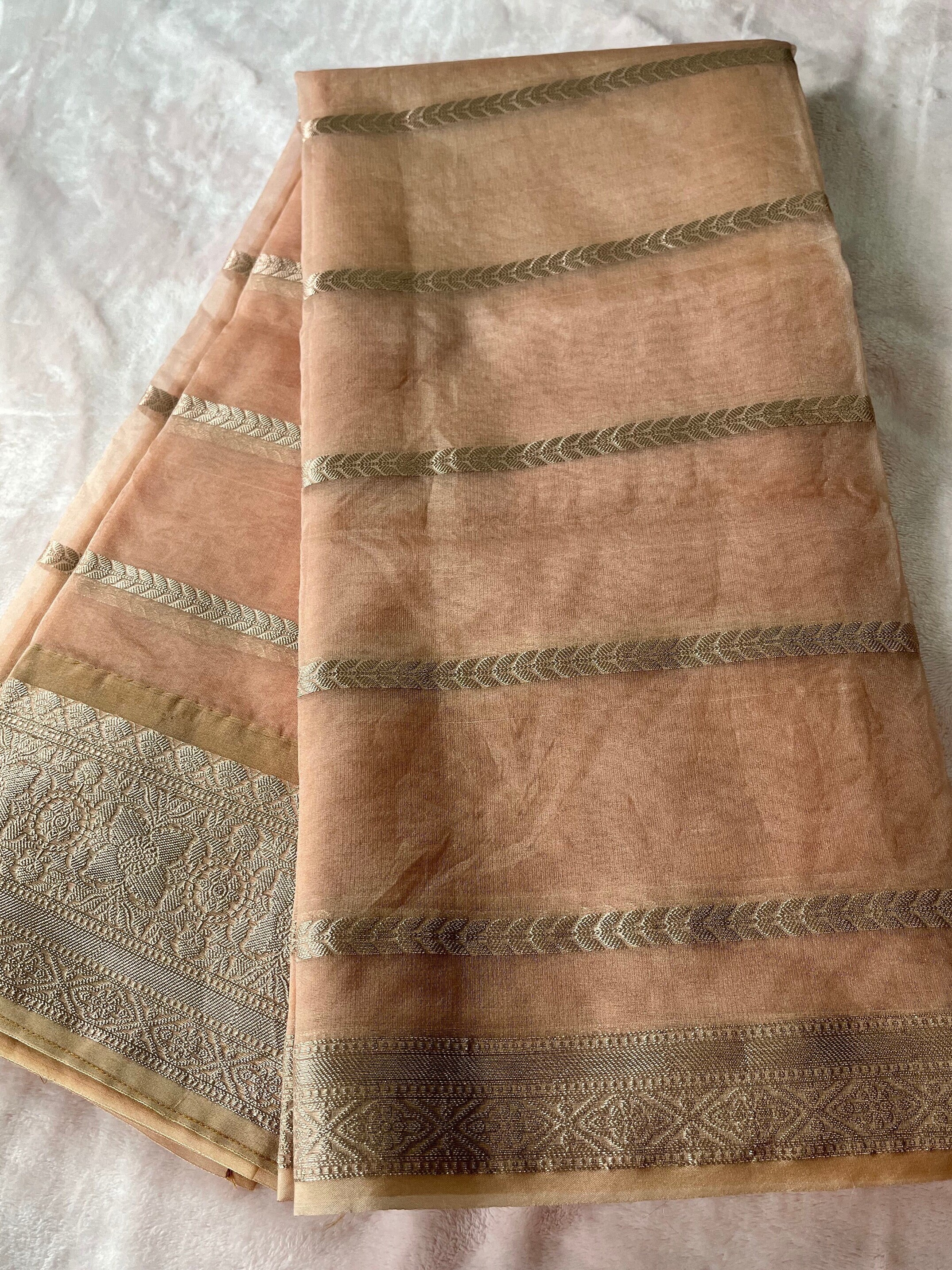 Light Peach Banarasi Semi Organza Silk Saree With Muted Antique Gold ...