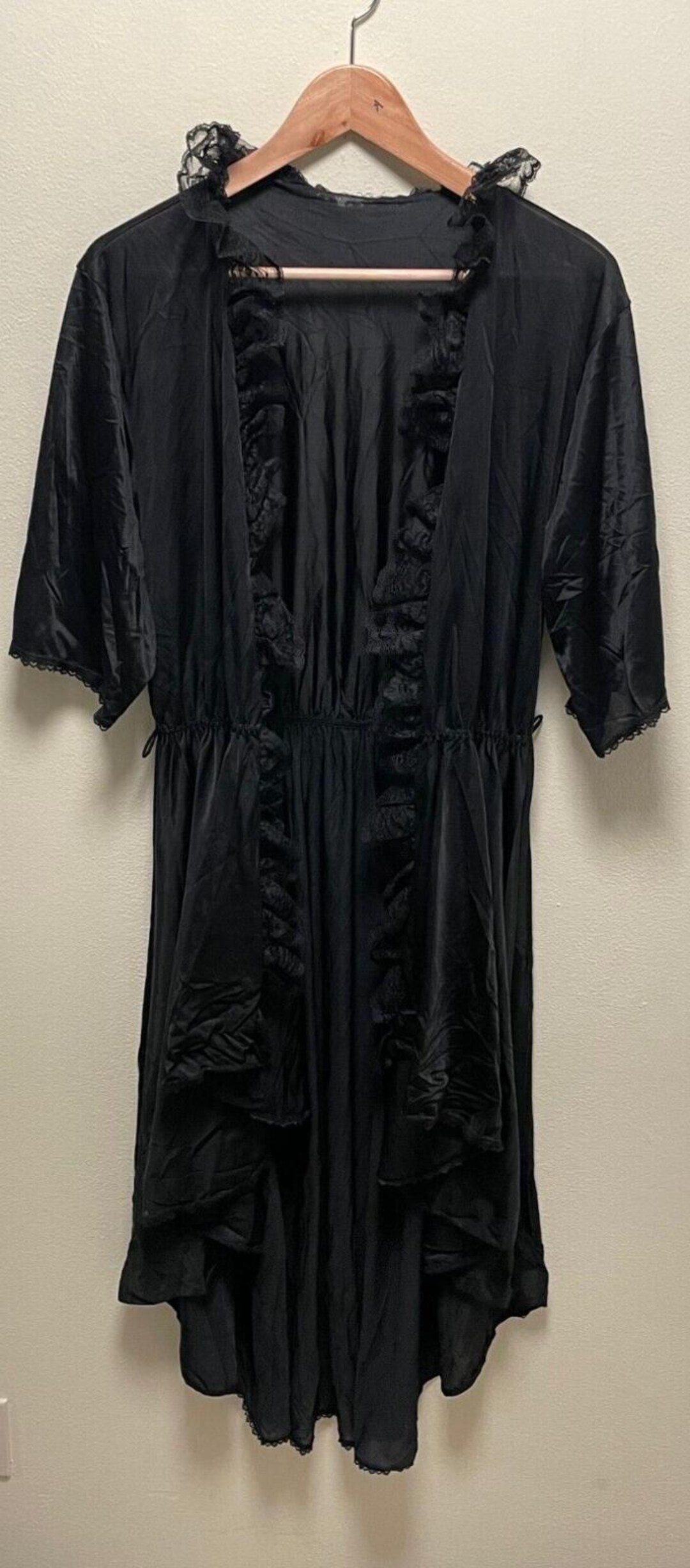 Vintage Fredericks of Hollywood Women Peignoir Robe Medium Black Satin ...