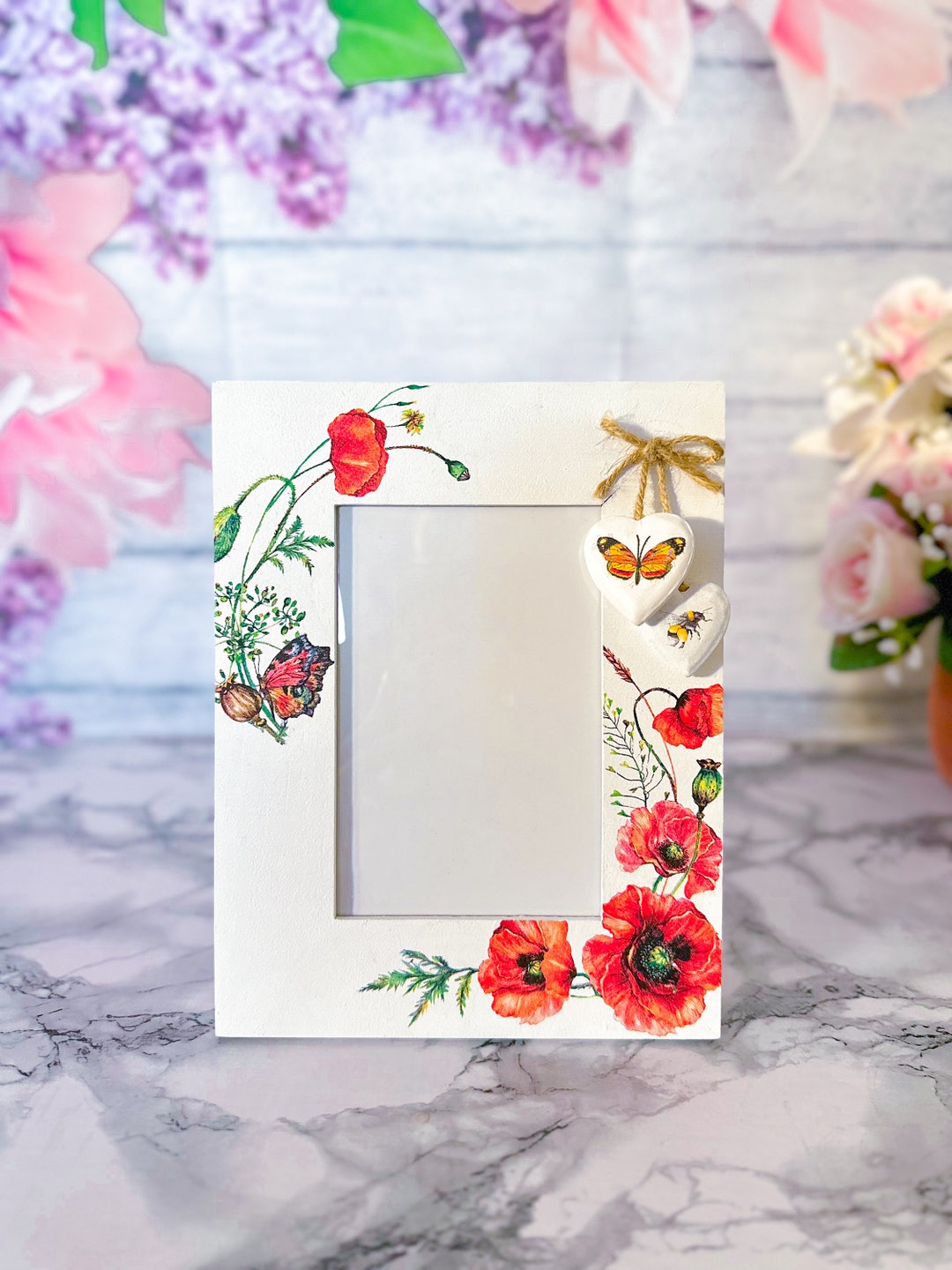 Poppy Flowers and Butterfly Photo Frame,floral Frame,wooden Frame ...