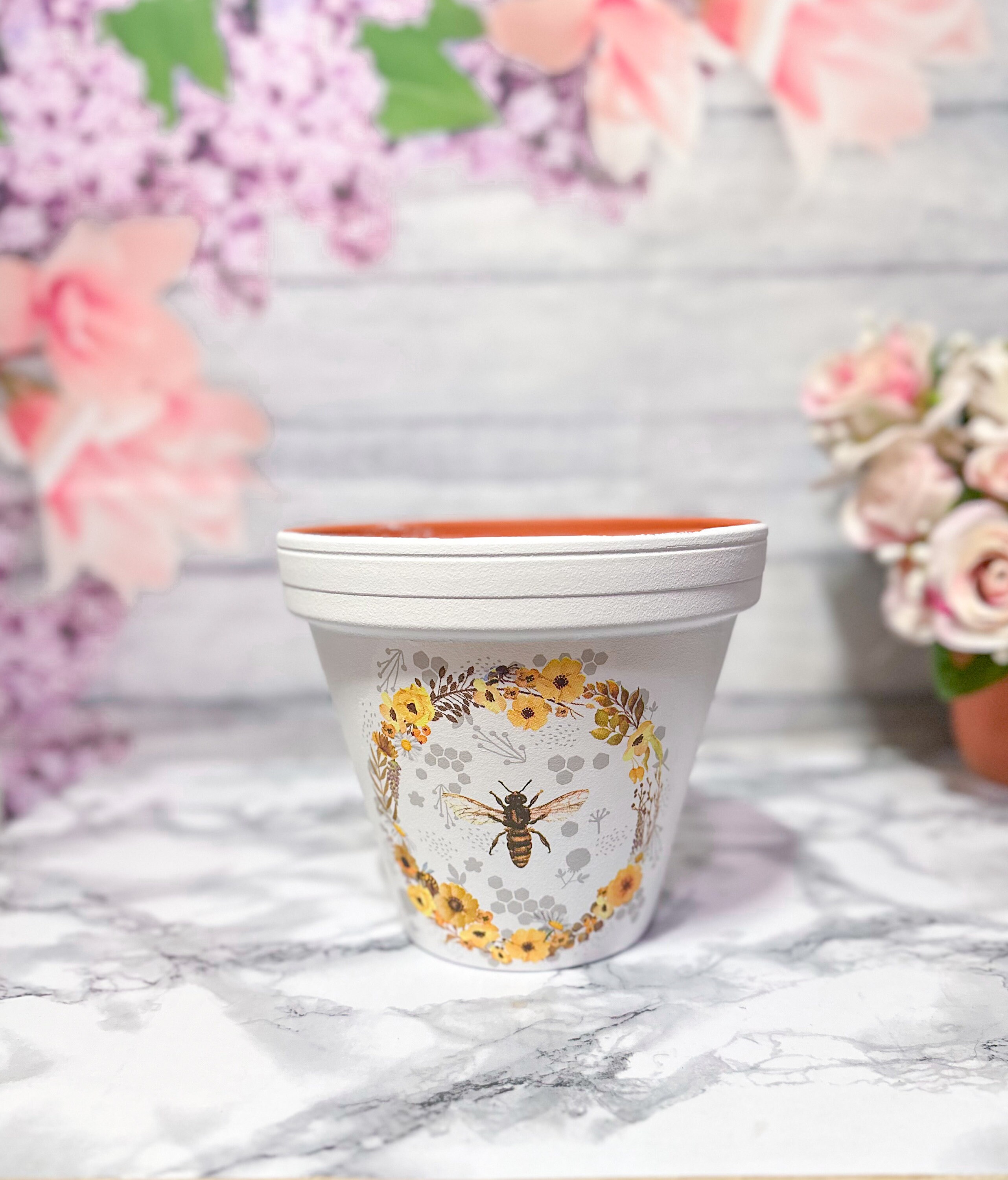 Bee Decoupaged Terracotta Clay Plant Pot ,bee Flower Pot,pretty Planter ...