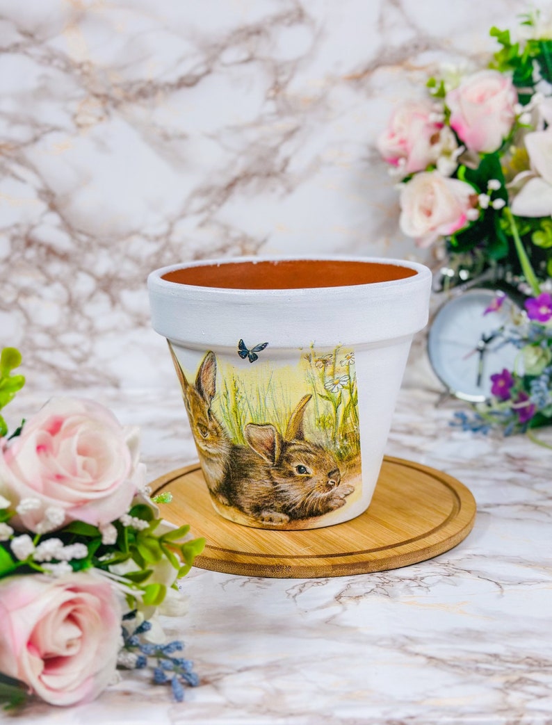 Rabbit Decoupaged Terracotta Clay Plant Pot , Rabbit Flower Pot,pretty ...