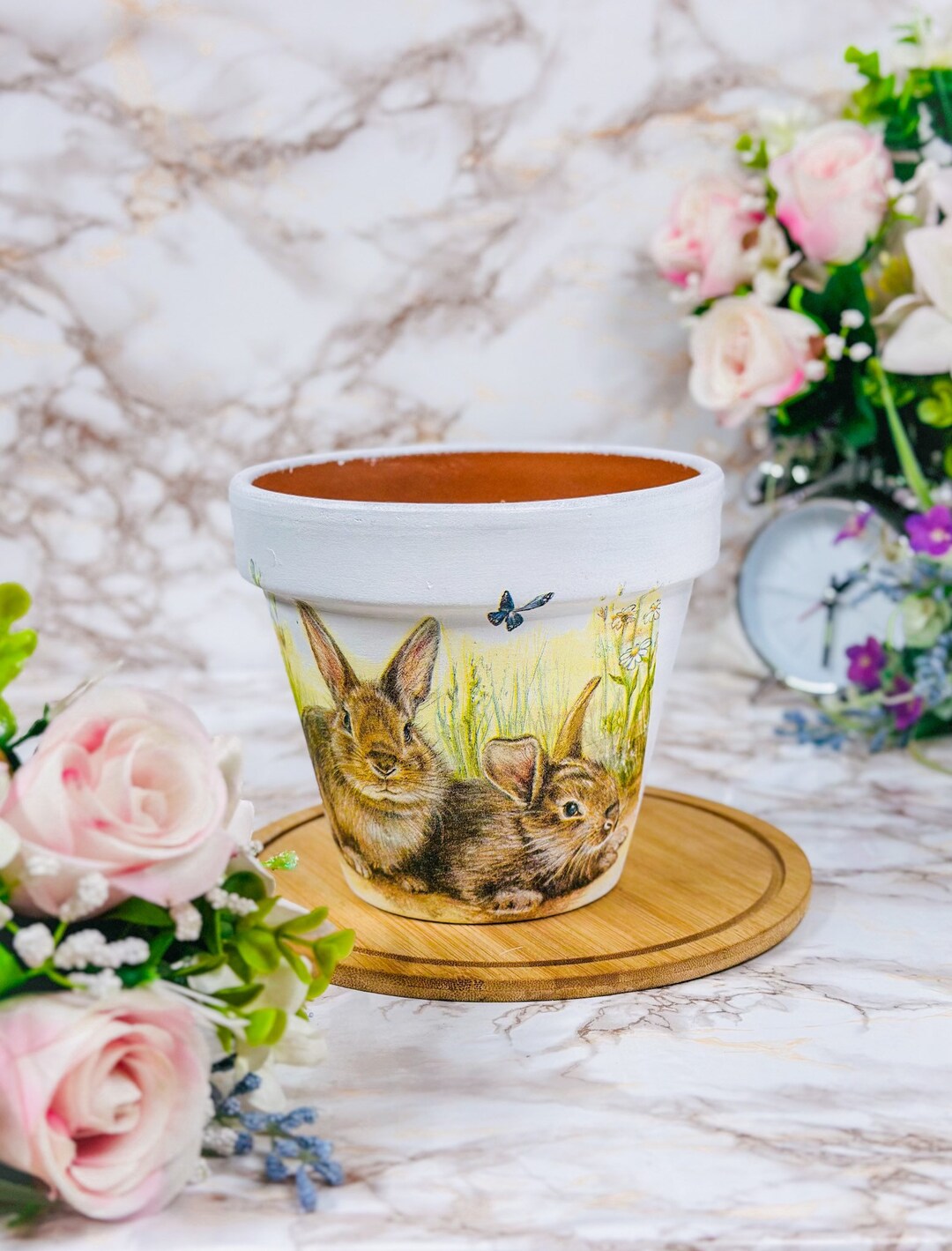 Rabbit Decoupaged Terracotta Clay Plant Pot , Rabbit Flower Pot,pretty ...