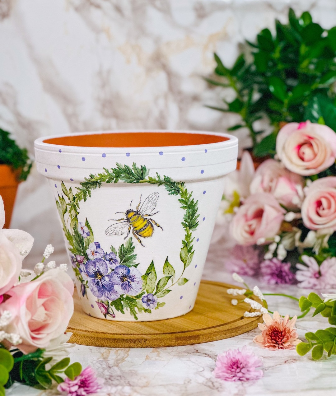 Bee Decoupaged Terracotta Clay Plant Pot ,bee Flower Pot,pretty Planter ...