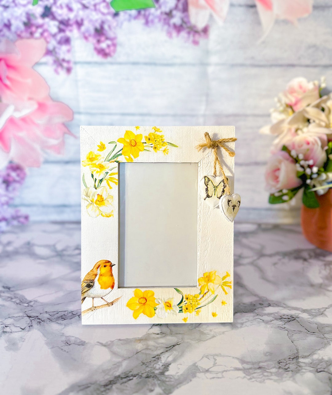 Flower and Robin Photo Frame,floral Frame,wooden Frame,flower Frame ...