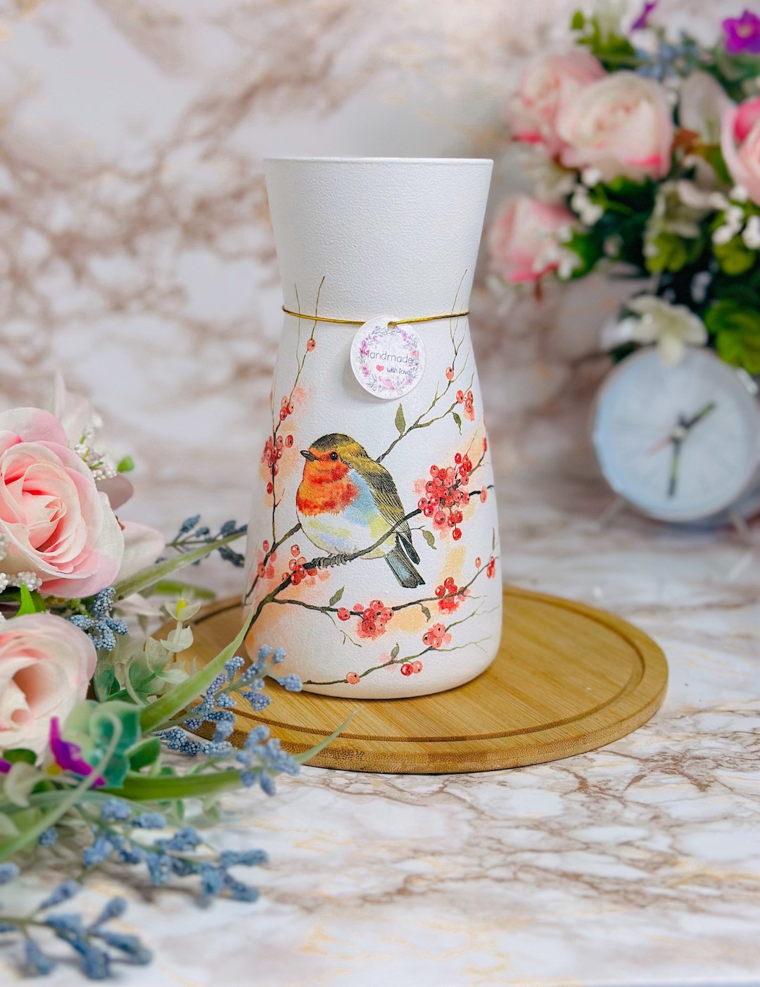 Handmade Decoupage Robin Bird Glass Vase, Home Decor - Etsy UK