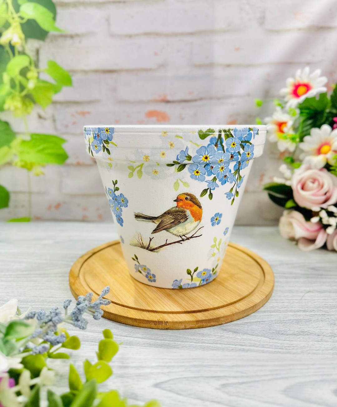 Forget Me Not Flowers and Robin Flower Pot, Wildflower Pot,pretty ...