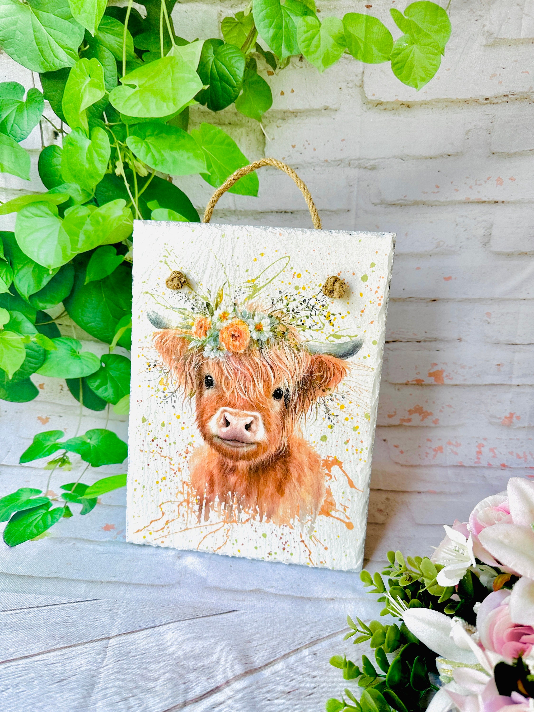 Highland Cow Decoupaged Large Hanging Wall Slate Decoration - Etsy