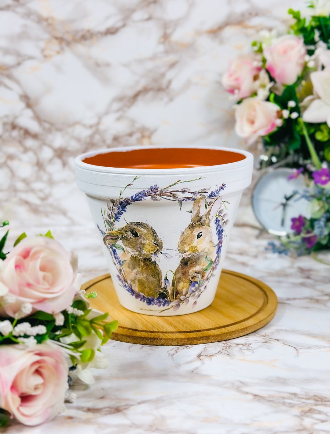 Rabbit Decoupaged Terracotta Clay Plant Pot , Rabbit Flower Pot,pretty ...