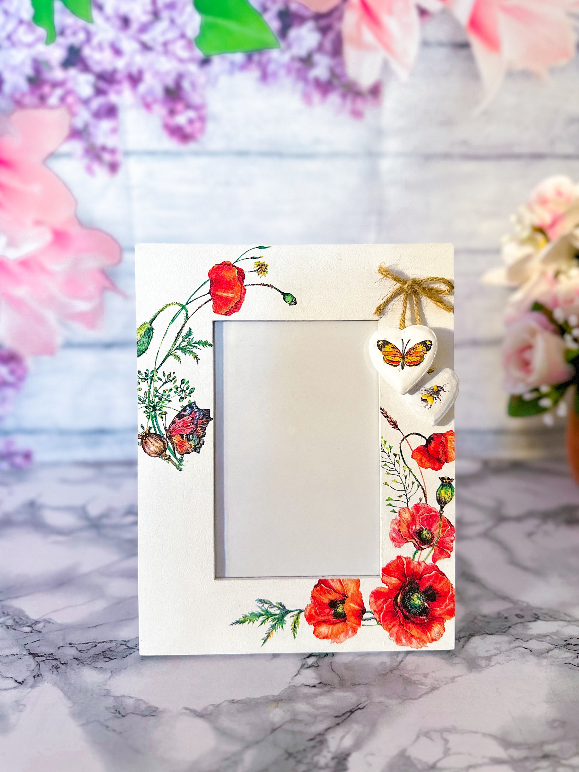 Poppy Flowers and Butterfly Photo Frame,floral Frame,wooden Frame ...