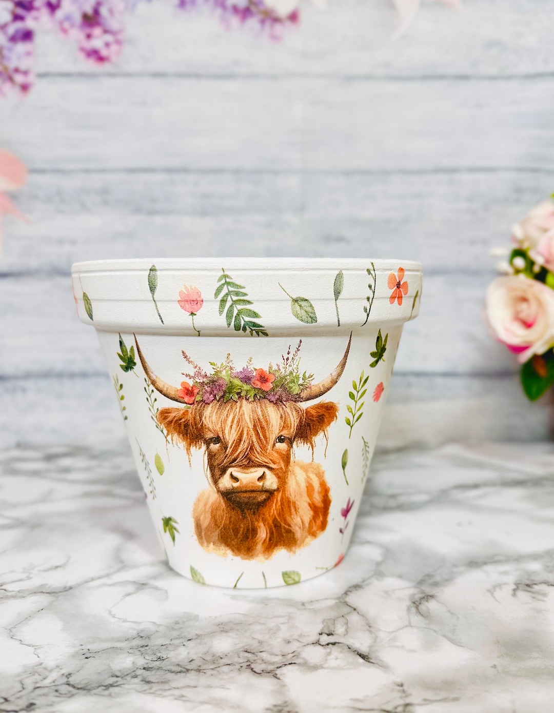 Highland Cow Decoupaged Terracotta Clay Plant Pot,cow Flower Pot,animal ...