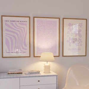 3 Purple Wall Prints, Digital Download Art, Purple Wall Art, Retro Wall ...