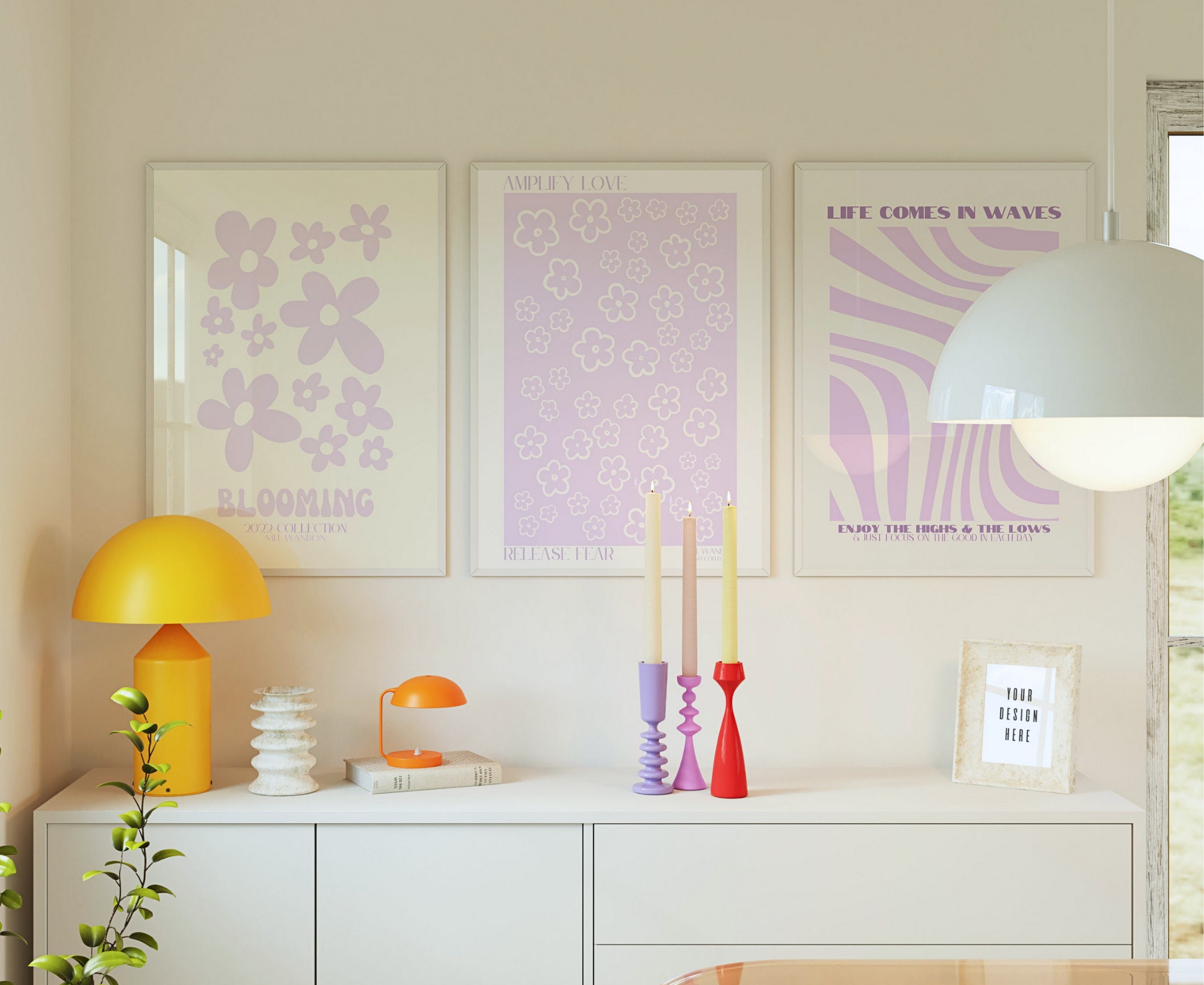 3 Purple Wall Prints, Digital Download Art, Purple Wall Art, Retro Wall ...