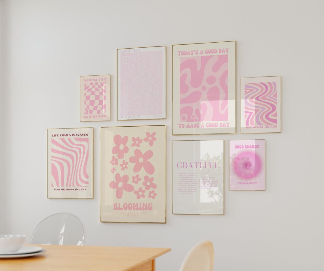 8 Pink Wall Print Bundle, Digital Art Print, Pink Wall Decor, Cute Wall ...