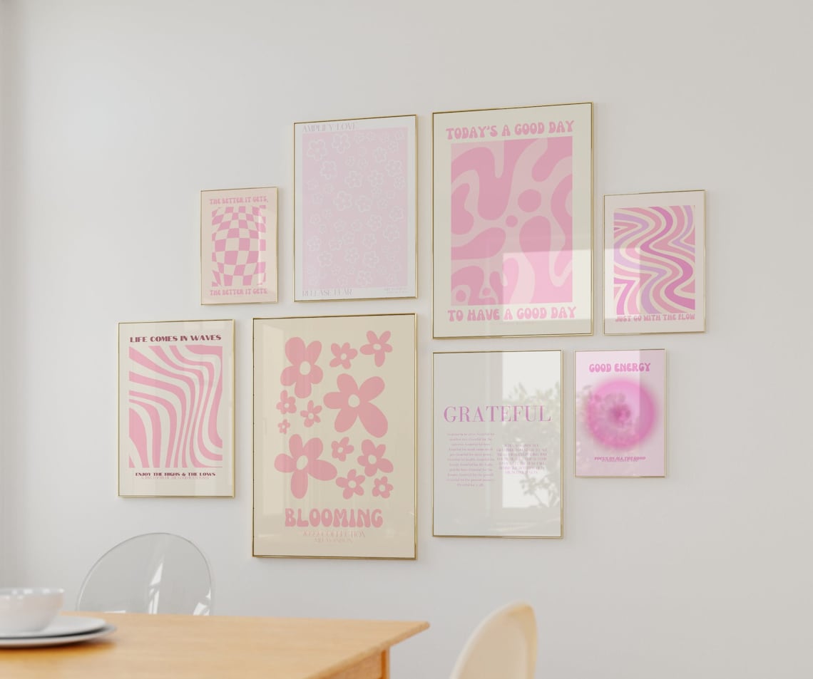 8 Pink Wall Print Bundle, Digital Art Print, Pink Wall Decor, Cute Wall ...