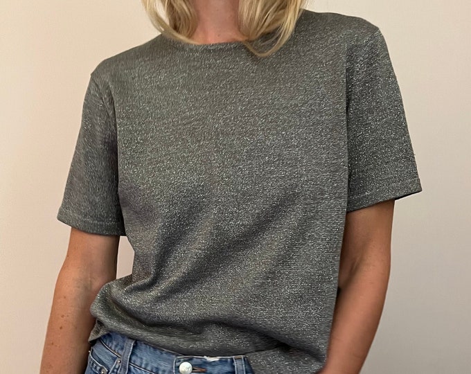 Vintage Metallic Knit Tee, 80s 90s Silver Short Sleeve Knit Sweater ...