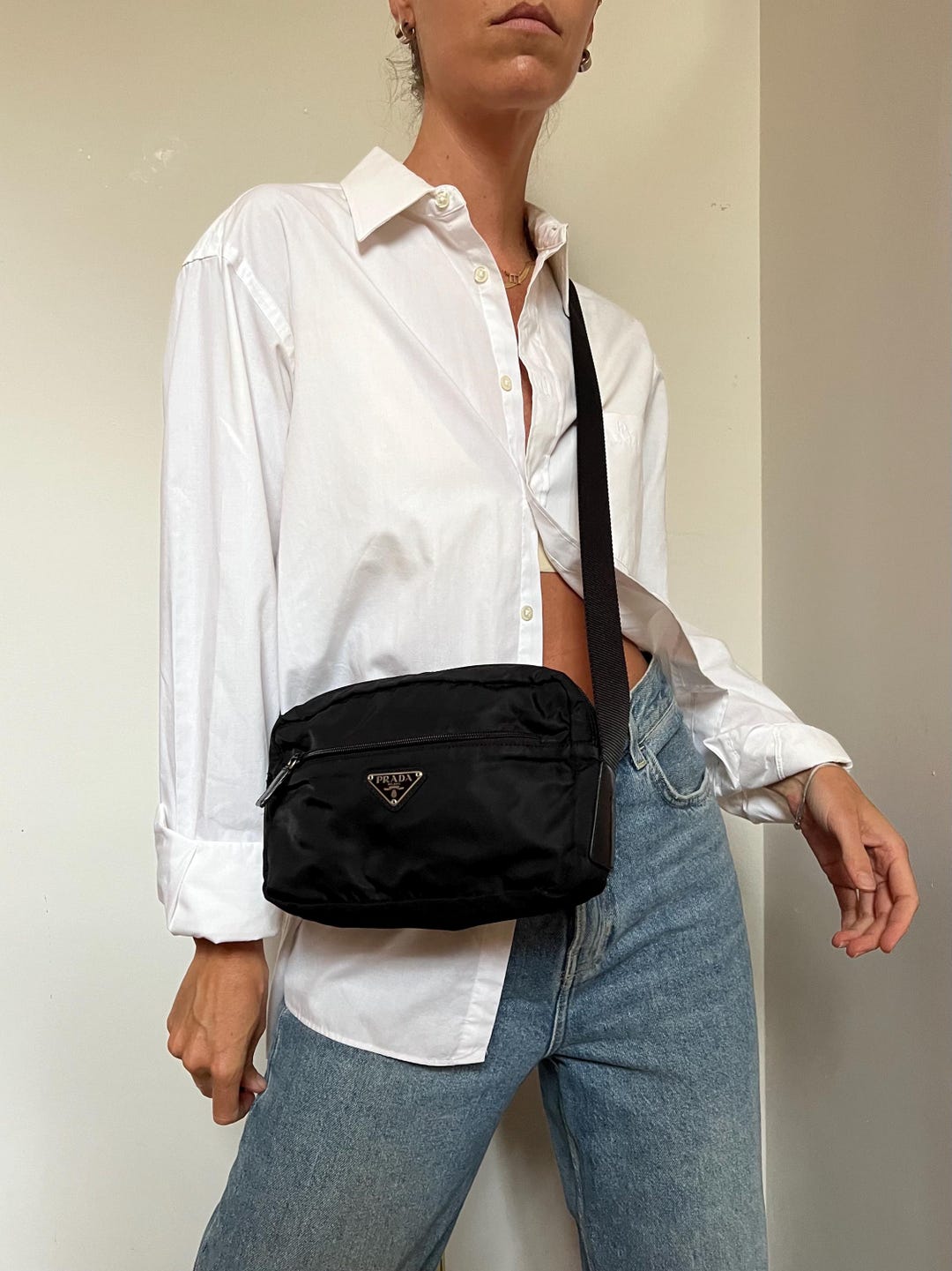 Vtg PRADA Nylon Shoulder Bag, Prada Black Crossbody Camera Bag with ...