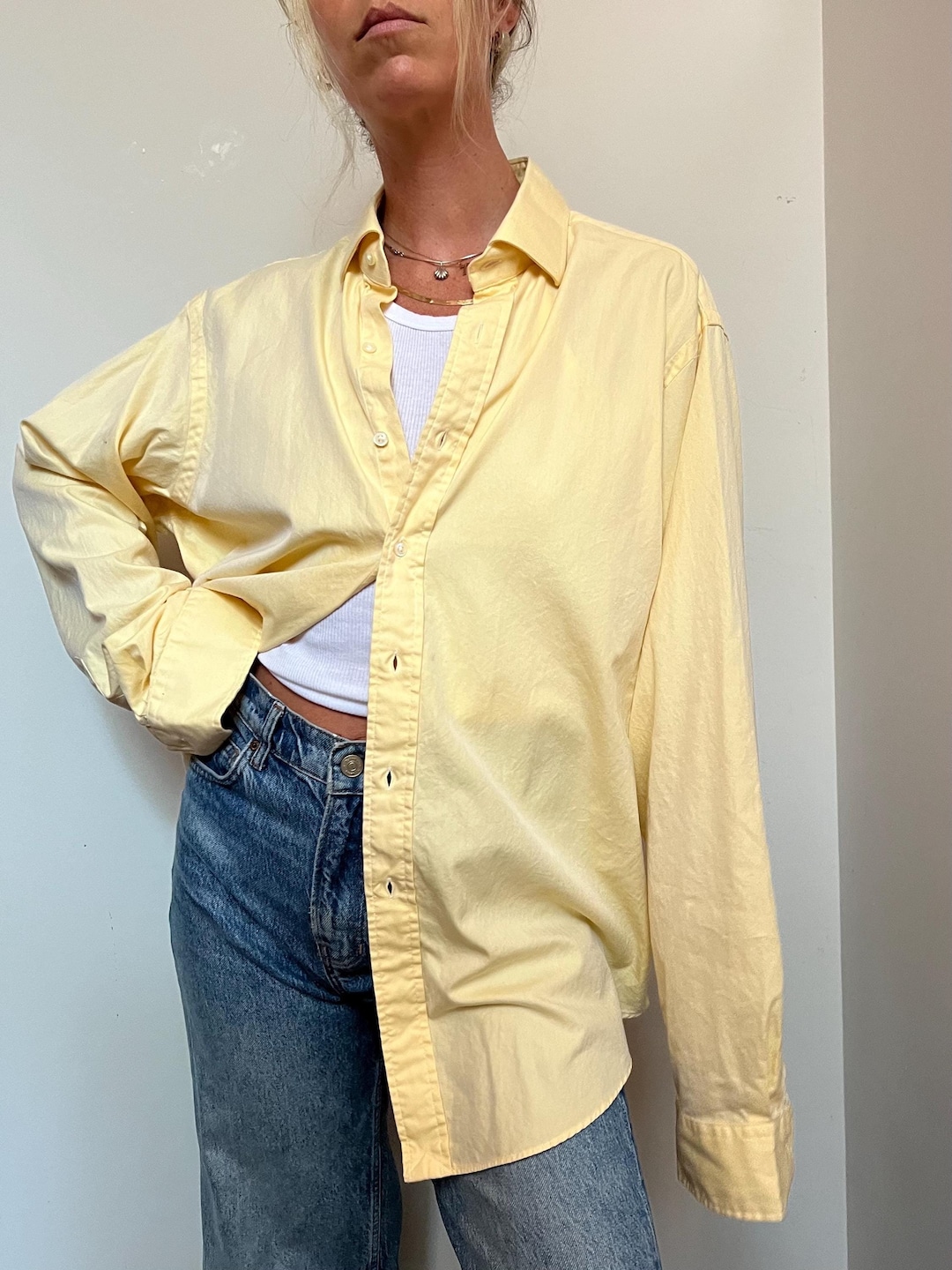 Vtg Ralph Lauren Yellow Long Sleeve Button Up, Vintage Cotton Oversized ...