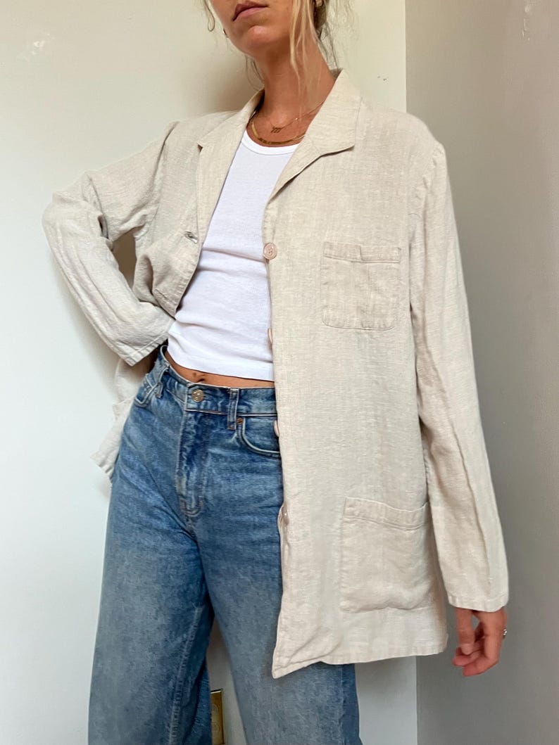 Vtg 90s Linen Blazer, Vintage Linen Chore Shirt Jacket, Beige Natural ...