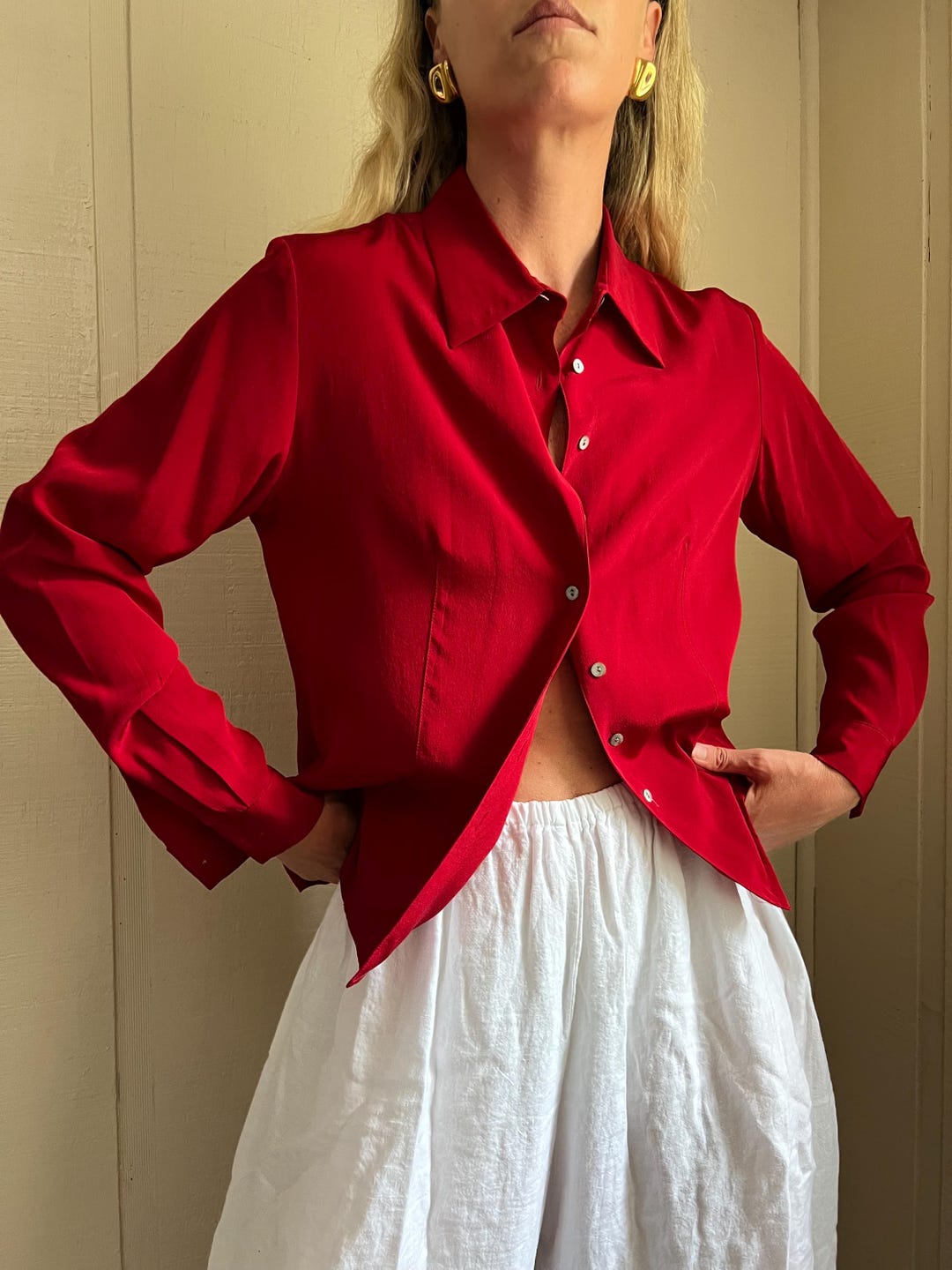 Vtg Cherry Red Silk Blouse, 90s Red Long Sleeve Silk Top, Bold Silk ...