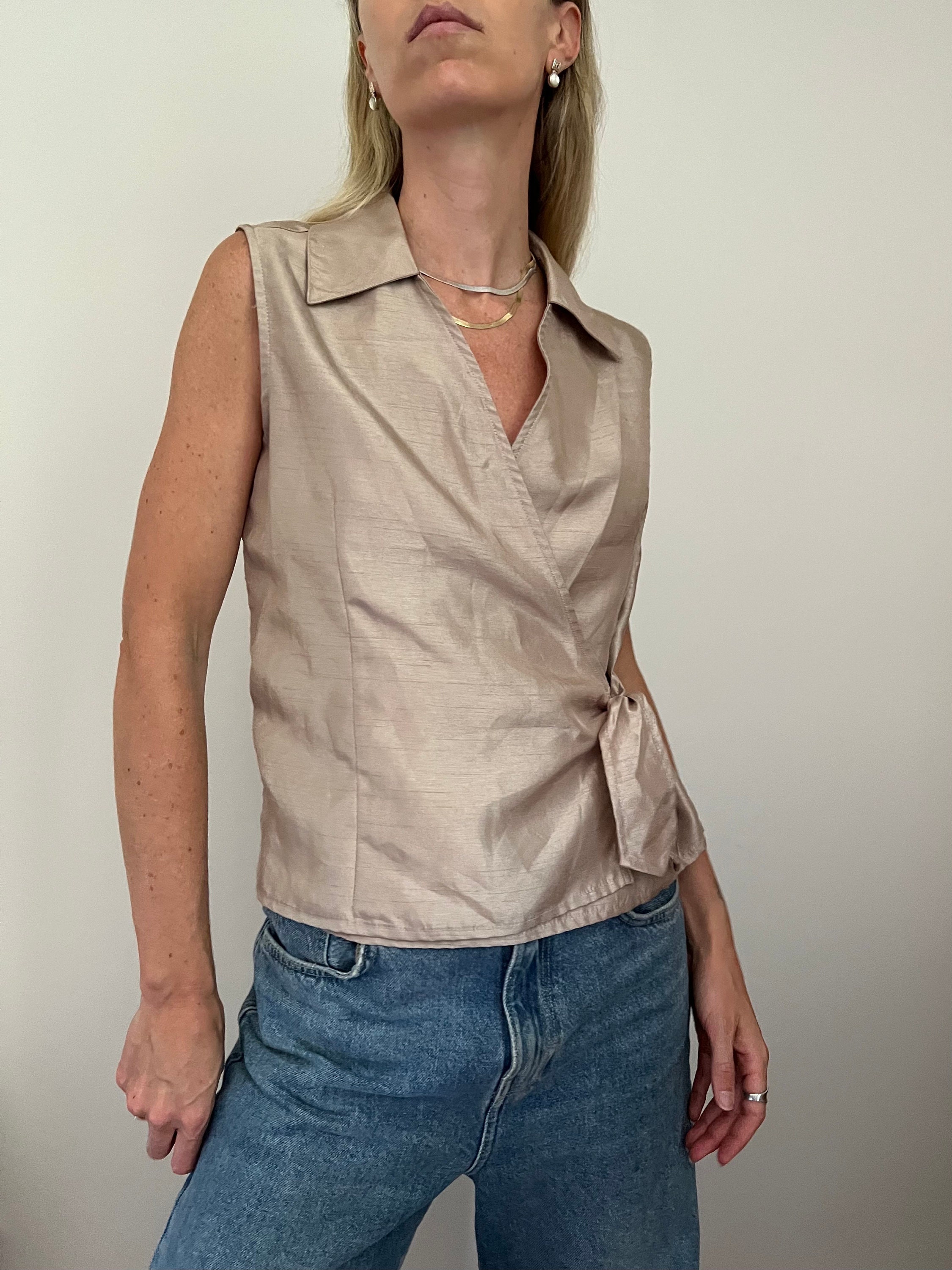 Vintage Gold Collared Wrap Tank, 90s Minimal Tank, Metallic Gold ...