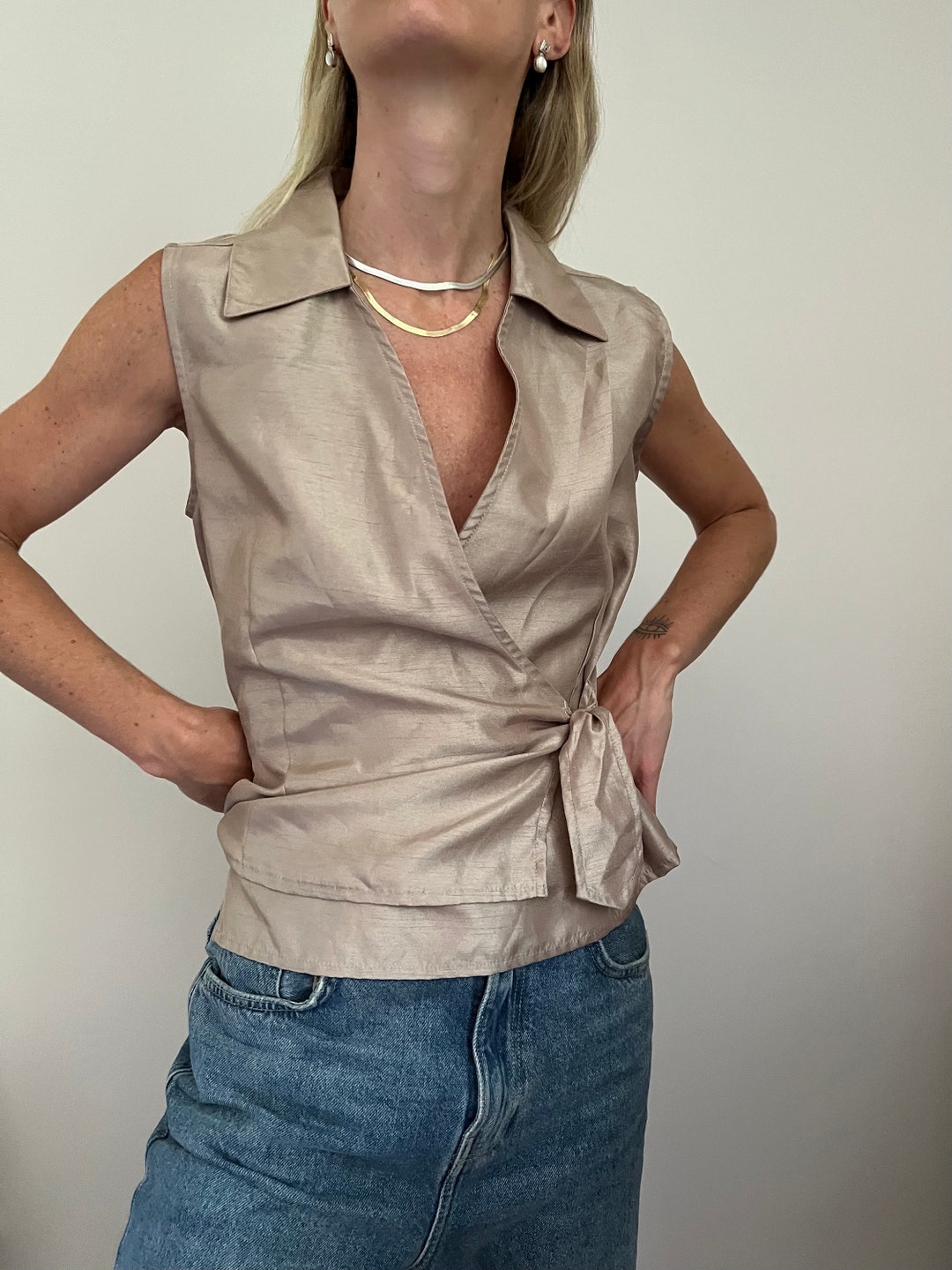 Vintage Gold Collared Wrap Tank, 90s Minimal Tank, Metallic Gold ...