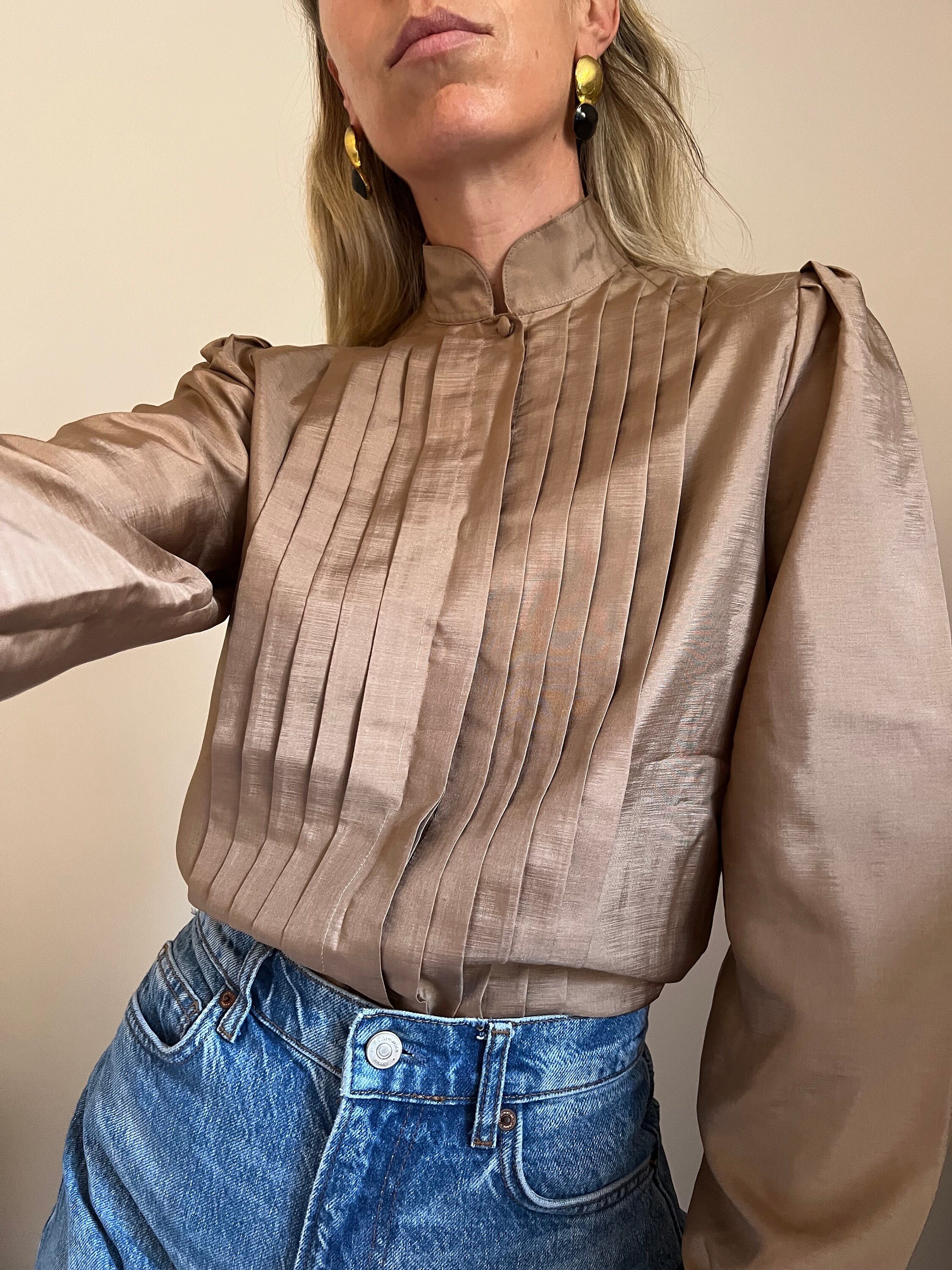 Vintage Romantic Pleated Blouse, 80s Taupe Brown Blouse, Femme Blouse ...