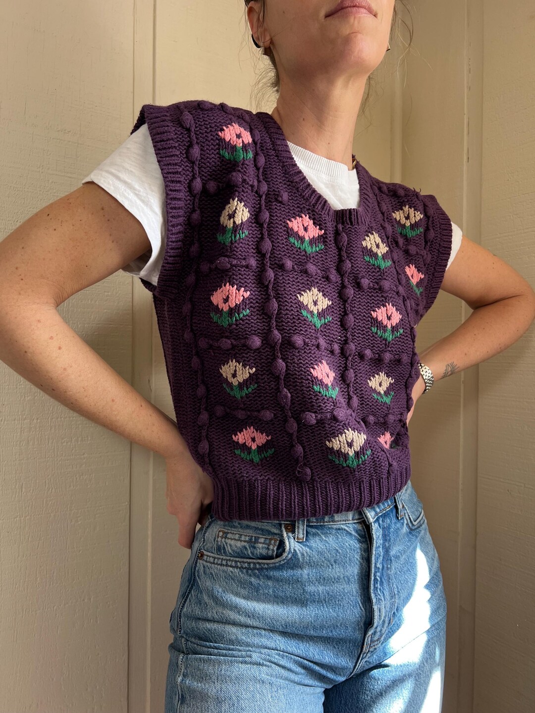 Vtg Hand Knit Vest, Vintage Crochet Theme Sweater Vest, Spring Flowers ...