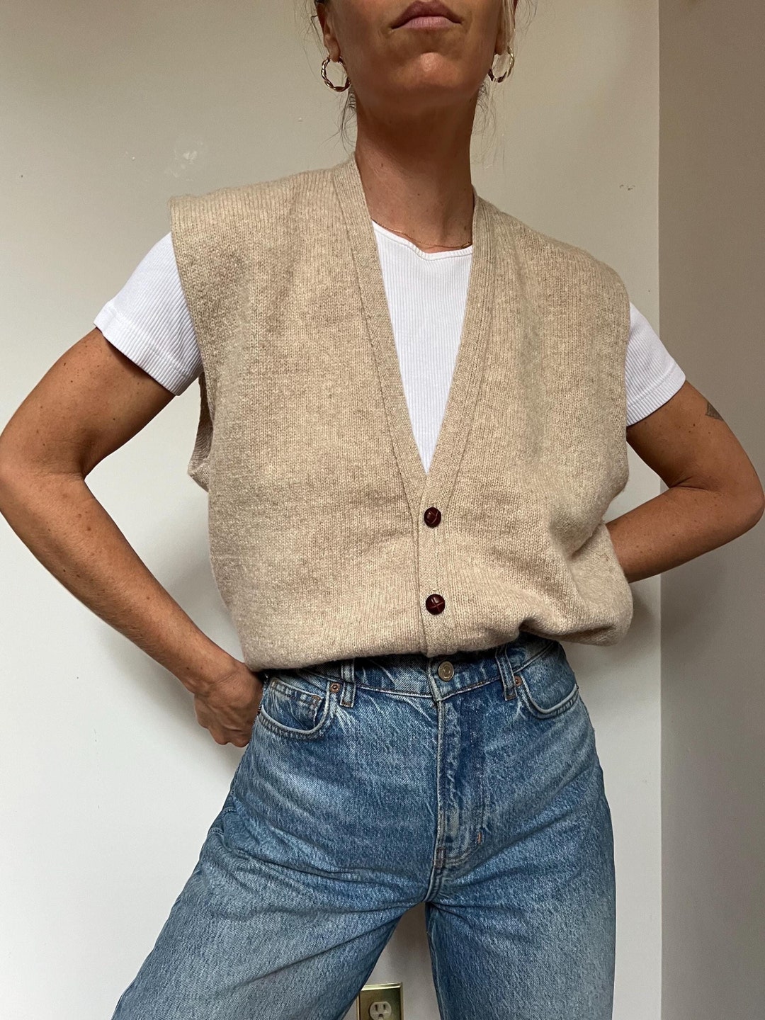 Vtg 80s Knit Sweater Vest, Vintage Mens V Neck Button Front Wool Blend ...