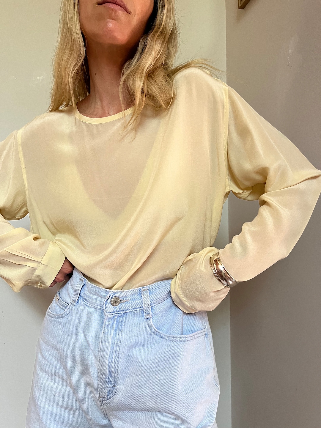 Vtg Buttercream Silk Blouse, Vintage Long Sleeve Butter Yellow Silk Top ...