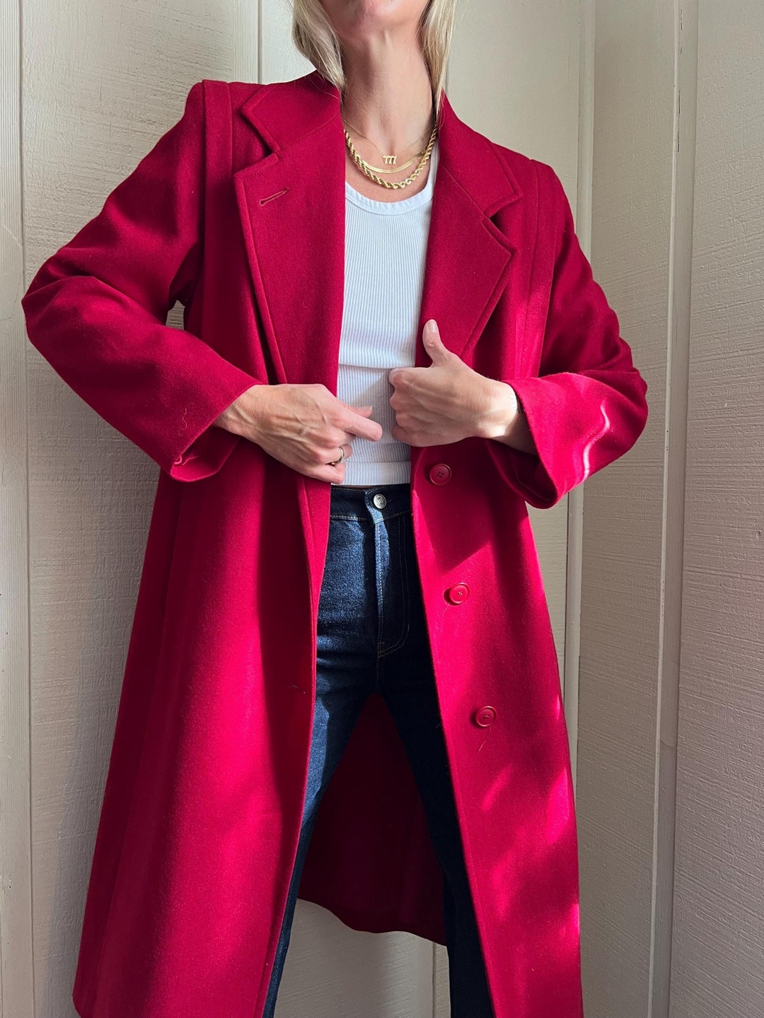 Vtg Long Wool Coat, Vintage Cherry Red Wool Evening Coat, Single ...