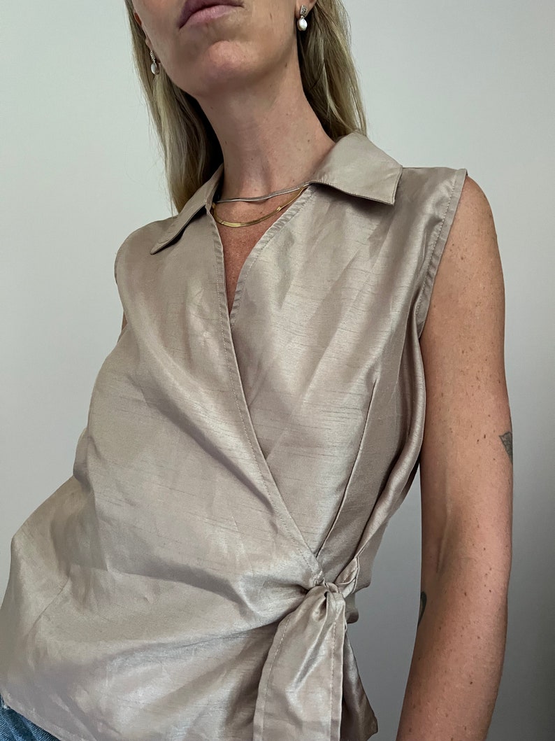 Vintage Gold Collared Wrap Tank, 90s Minimal Tank, Metallic Gold ...