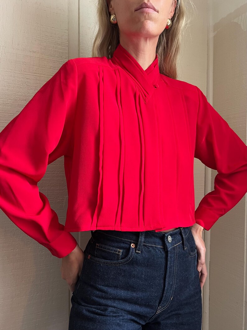 Vtg 80s Pleated Blouse, Vintage Bold Green, Bone, Red, Black Blouse ...