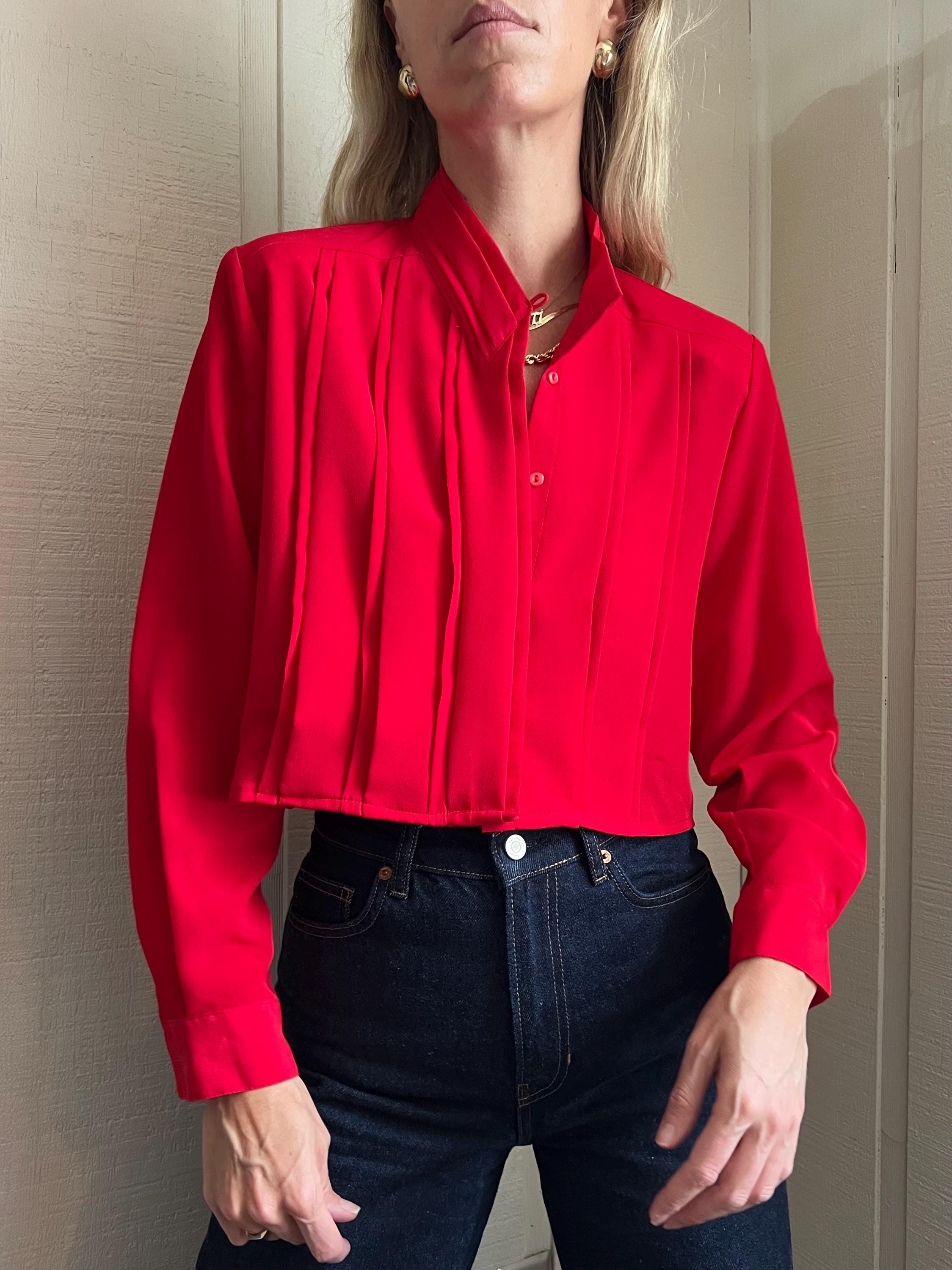 Vtg 80s Pleated Blouse, Vintage Bold Green, Bone, Red, Black Blouse ...