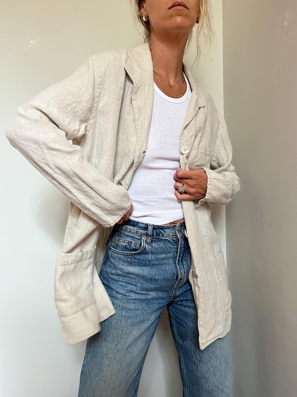 Vtg 90s Linen Blazer, Vintage Linen Chore Shirt Jacket, Beige Natural ...