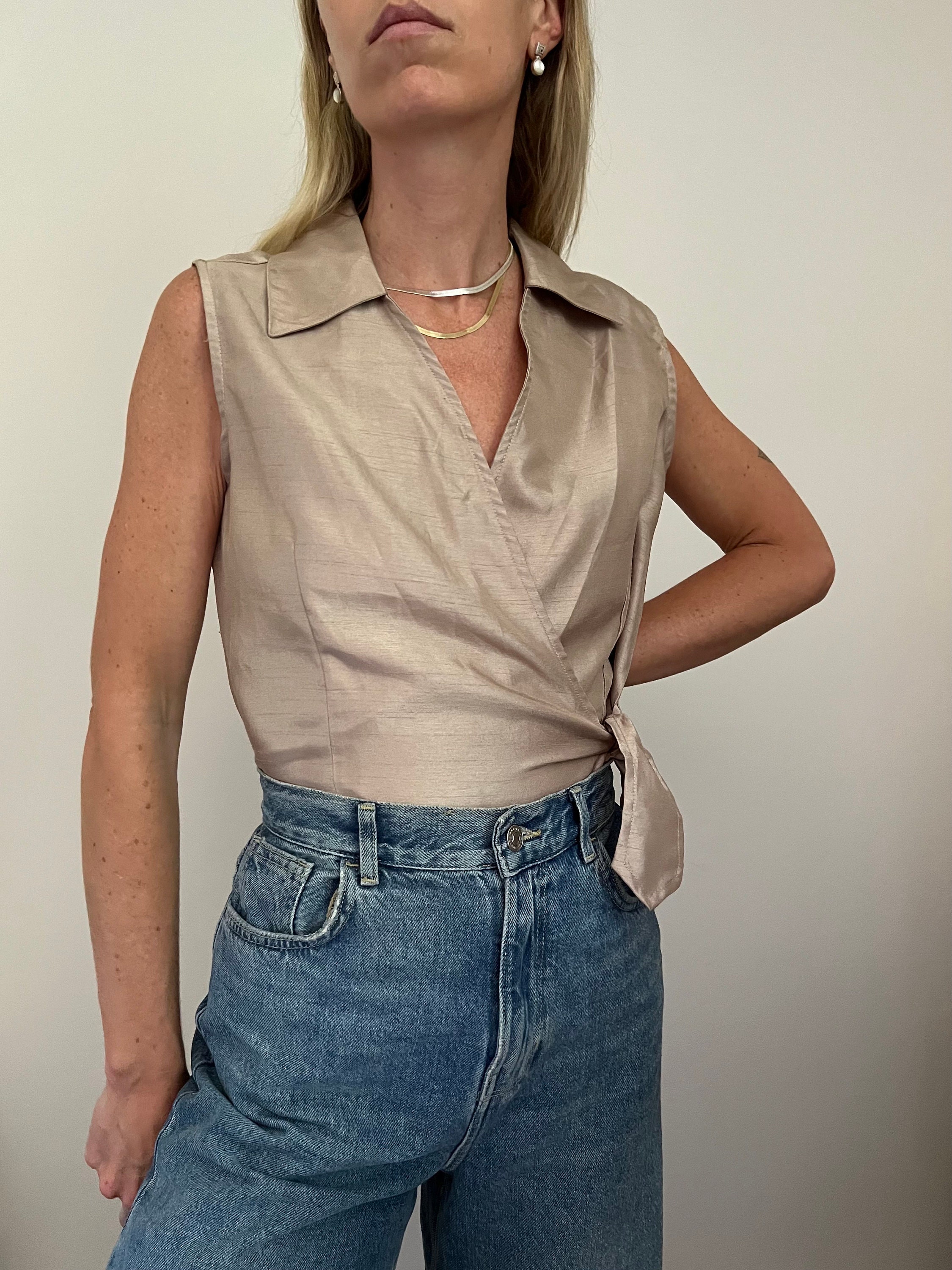 Vintage Gold Collared Wrap Tank, 90s Minimal Tank, Metallic Gold ...
