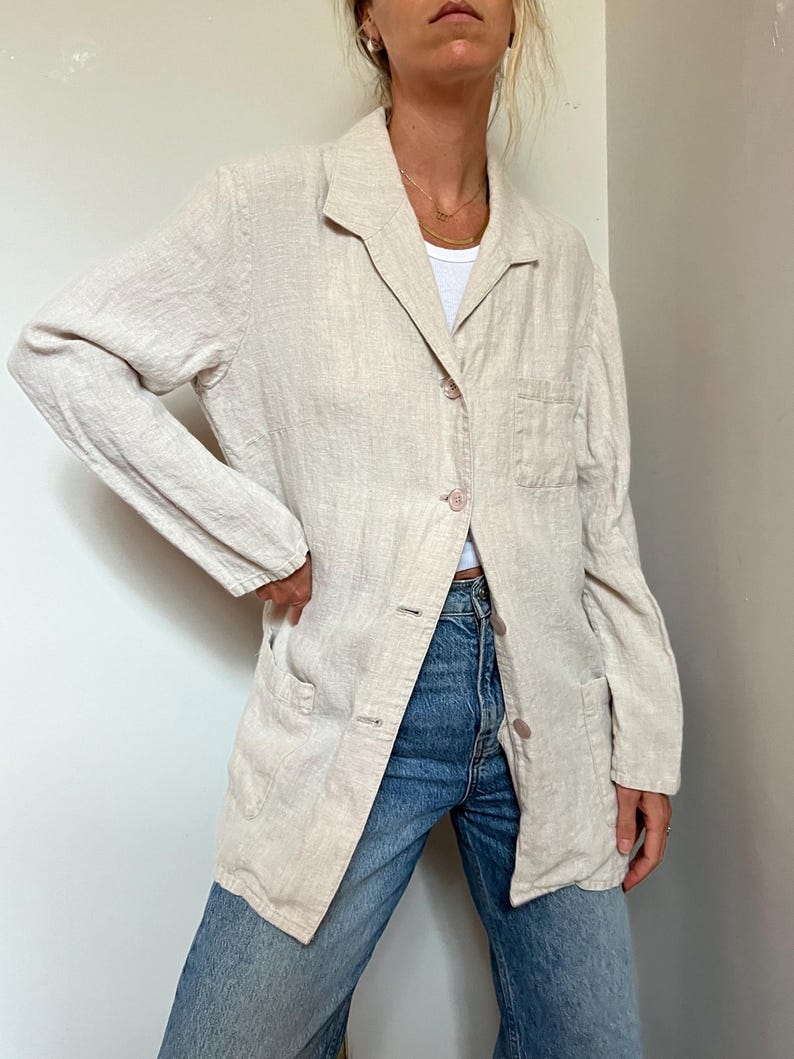 Vtg 90s Linen Blazer, Vintage Linen Chore Shirt Jacket, Beige Natural ...