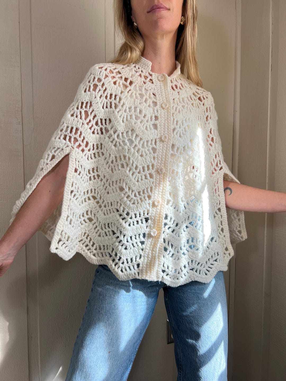 Vtg Hand Crochet Poncho Sweater, Vintage 70s Knit Sweater Poncho, Knit ...