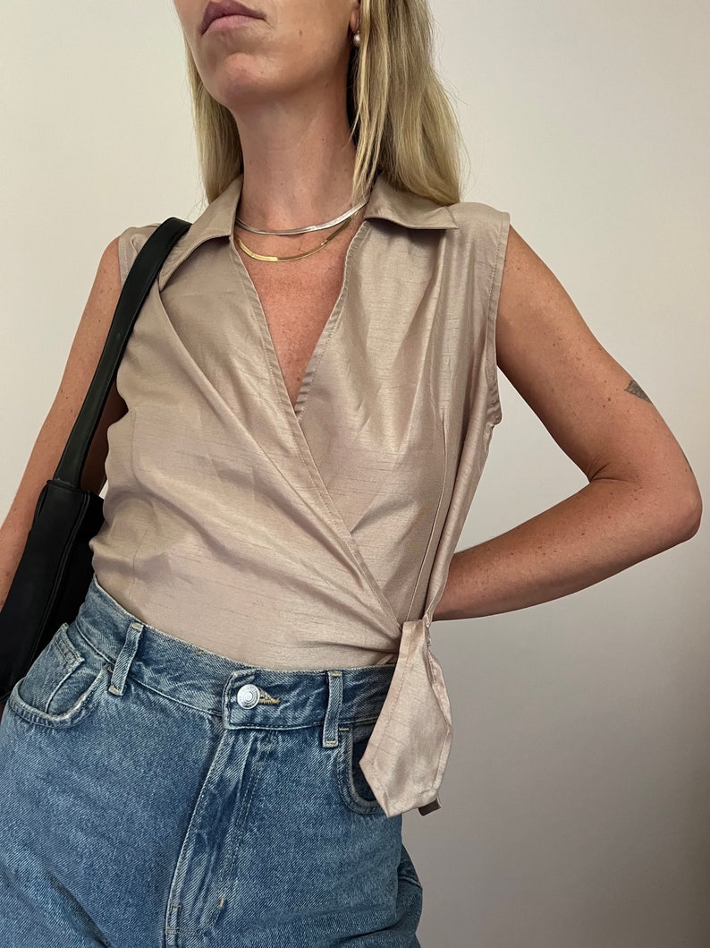 Vintage Gold Collared Wrap Tank, 90s Minimal Tank, Metallic Gold ...